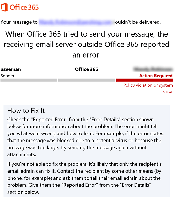 The receiving email server outside office 365 reported an error ...